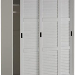 Palace Imports 100% Solid Wood Wardrobe with 3 Sliding Louvered Doors, White. 5 Shelves Included. Additional Large Shelves Sold Separately.