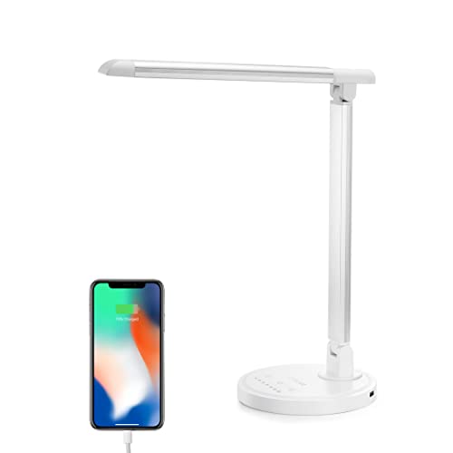 Consciot 12W LED Desk Lamp with USB Charging Port, 5 Lighting Modes 7 Brightness Levels, Dimmable and Adjustable, Touch-Sensitive Control, 30/60 min Auto Timer, White