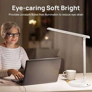 Consciot 12W LED Desk Lamp with USB Charging Port, 5 Lighting Modes 7 Brightness Levels, Dimmable and Adjustable, Touch-Sensitive Control, 30/60 min Auto Timer, White