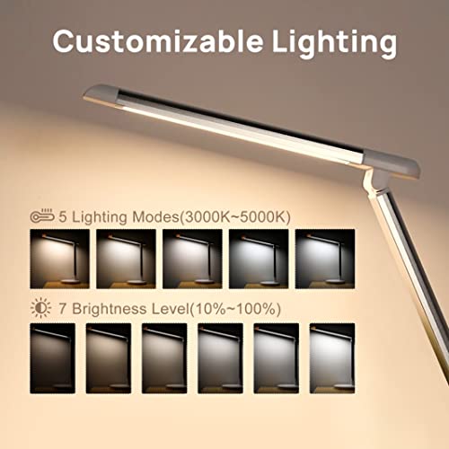 Consciot 12W LED Desk Lamp with USB Charging Port, 5 Lighting Modes 7 Brightness Levels, Dimmable and Adjustable, Touch-Sensitive Control, 30/60 min Auto Timer, White