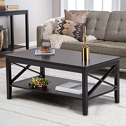 ChooChoo Oxford Coffee Table with Thicker Legs, Black Wood Coffee Table with Storage for Living Room