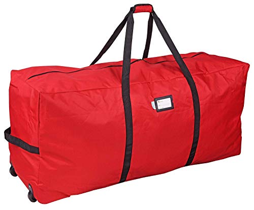 Primode Christmas Rolling Tree Storage Bag, Fits Up to 7.5 Ft. Tall Disassembled Holiday Trees, 22" H X 16" W X 50" L, Large Heavy Duty Storage Container with 2 Wheels and Handles (Red)