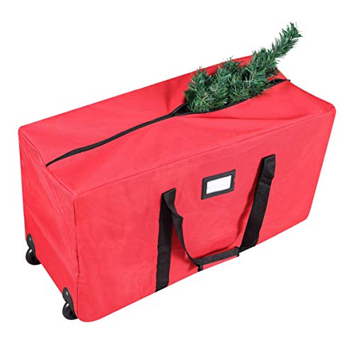 Primode Christmas Rolling Tree Storage Bag, Fits Up to 7.5 Ft. Tall Disassembled Holiday Trees, 22" H X 16" W X 50" L, Large Heavy Duty Storage Container with 2 Wheels and Handles (Red)