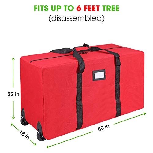 Primode Christmas Rolling Tree Storage Bag, Fits Up to 7.5 Ft. Tall Disassembled Holiday Trees, 22" H X 16" W X 50" L, Large Heavy Duty Storage Container with 2 Wheels and Handles (Red)