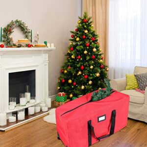 Primode Christmas Rolling Tree Storage Bag, Fits Up to 7.5 Ft. Tall Disassembled Holiday Trees, 22" H X 16" W X 50" L, Large Heavy Duty Storage Container with 2 Wheels and Handles (Red)