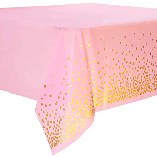 108"x54" 4 Packs Pink and Gold Disposable Party Tablecloth for Rectangle Table, Gold Stamping Dot Confetti Rectangular Plastic Table Cover, for Bachelorette, Girl Birthday and Baby Shower, Wedding