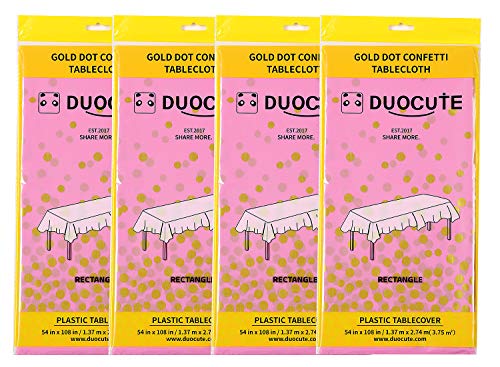 108"x54" 4 Packs Pink and Gold Disposable Party Tablecloth for Rectangle Table, Gold Stamping Dot Confetti Rectangular Plastic Table Cover, for Bachelorette, Girl Birthday and Baby Shower, Wedding