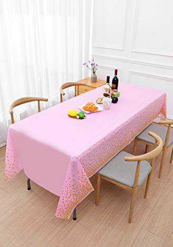 108"x54" 4 Packs Pink and Gold Disposable Party Tablecloth for Rectangle Table, Gold Stamping Dot Confetti Rectangular Plastic Table Cover, for Bachelorette, Girl Birthday and Baby Shower, Wedding