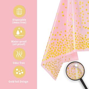 108"x54" 4 Packs Pink and Gold Disposable Party Tablecloth for Rectangle Table, Gold Stamping Dot Confetti Rectangular Plastic Table Cover, for Bachelorette, Girl Birthday and Baby Shower, Wedding