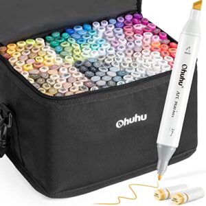 ohuhu alcohol markers, double tipped art marker set for kids adults coloring book sketch illustration, 200 unique colors + 1 alcohol blender + marker case, oahu series of ohuhu markers, chisel & fine