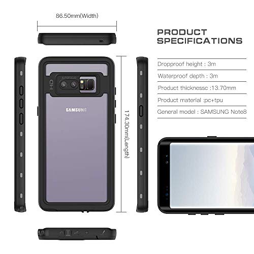 Samsung Galaxy note 8 Waterproof Case, Shockproof Dustproof Snowproof Hard Shell Full-Body Underwater Protective Box Rugged Cover and Built in Screen Protector for Galaxy note 8 (Black)