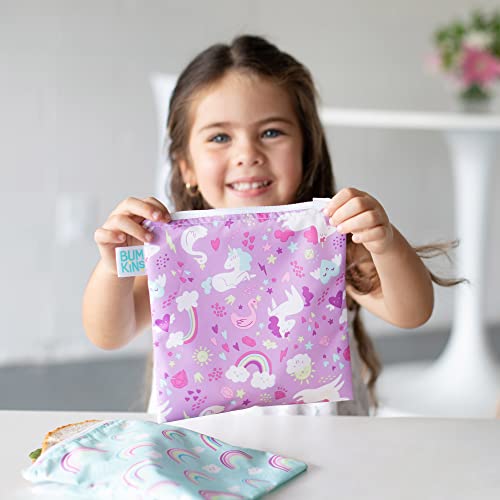 Bumkins Sandwich Bag / Snack Bag, Reusable Fabric, Washable, Food Safe, BPA Free, 7x7 - Rainbows & Unicorns (2-Pack)