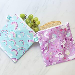 Bumkins Sandwich Bag / Snack Bag, Reusable Fabric, Washable, Food Safe, BPA Free, 7x7 - Rainbows & Unicorns (2-Pack)