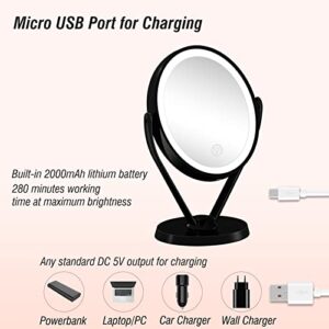 Aesfee Double-Sided 1x/7x Magnification LED Makeup Mirror with Lights, Lighted Vanity Magnified Mirror USB Chargeable, Touch Sensor Control 3 Light Settings Illuminated Countertop Mirrors - Black