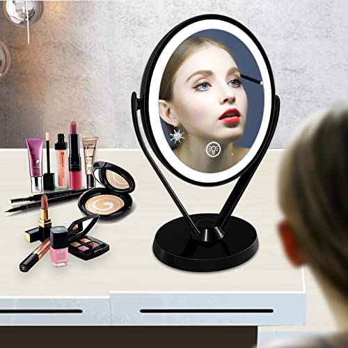 Aesfee Double-Sided 1x/7x Magnification LED Makeup Mirror with Lights, Lighted Vanity Magnified Mirror USB Chargeable, Touch Sensor Control 3 Light Settings Illuminated Countertop Mirrors - Black