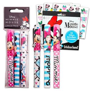 disney minnie mouse pens set ~ bundle includes 3 minnie mouse ballpoint pens plus bonus minnie mouse stickers (minnie mouse office supplies)