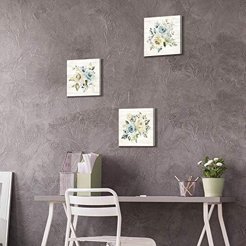 Floral Canvas Painting Wall Art: Yellow & Blue Roses Pictures Flower Artwork for Bedroom (12'' x 12'' x 3 Panels)