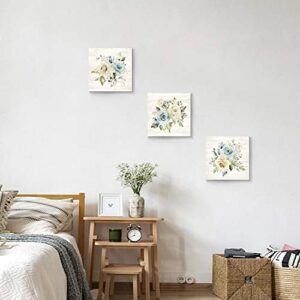 Floral Canvas Painting Wall Art: Yellow & Blue Roses Pictures Flower Artwork for Bedroom (12'' x 12'' x 3 Panels)