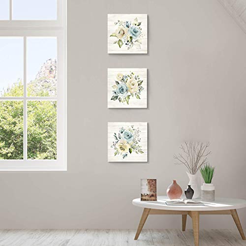 Floral Canvas Painting Wall Art: Yellow & Blue Roses Pictures Flower Artwork for Bedroom (12'' x 12'' x 3 Panels)