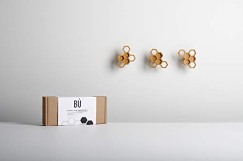 BU Products Honeycomb Wooden Wall Hooks – Set of 3 Wall Mounted Coat Hooks for Hanging Hats, Scarves, Bags, Dog Leads, Towels and More.