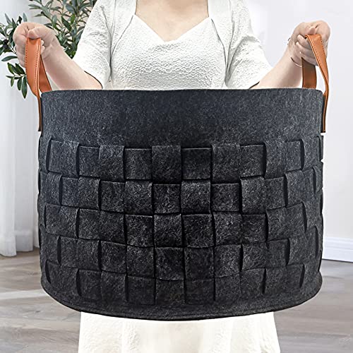 boldmonkey Blanket Basket, 20"x 20"x13" XXXLarge Felt Laundry Baskets Nursery Storage Living Room Round for Toy, Clothes, Kids, Bedroom(Dark Gray)