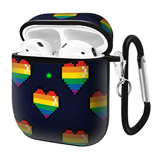 Slim Form Fitted Printing Pattern Cover Case with Carabiner Compatible with Airpods 1 and AirPods 2 / LGBT Gay Pride Rainbow Pixel Hearts