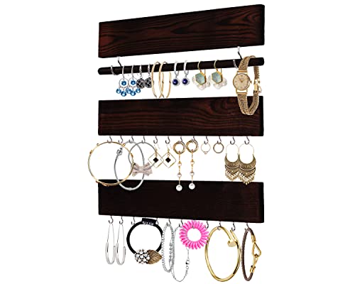 Comfify Rustic Jewelry Display Organizer for Wall – Wall Mounted Jewelry Holder Organizer with Removable Bracelet Rod and 24 Hooks – Perfect Earrings, Necklaces and Bracelets Holder – Dark Brown