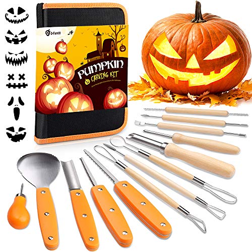 D-FantiX Halloween Pumpkin Carving Kit, 13 Pieces Professional Stainless Steel Pumpkin Carving Tools Kit with Stencils and Carrying Case - Carve Sculpt Jack-O-Lanterns Halloween Decorations DIY