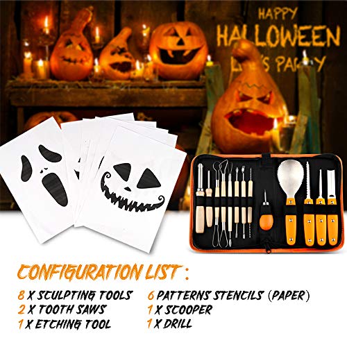 D-FantiX Halloween Pumpkin Carving Kit, 13 Pieces Professional Stainless Steel Pumpkin Carving Tools Kit with Stencils and Carrying Case - Carve Sculpt Jack-O-Lanterns Halloween Decorations DIY