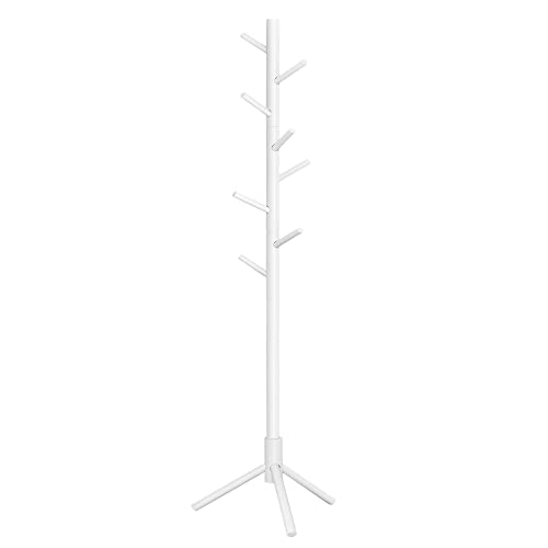 VASAGLE Solid Wood Coat Rack, Free Standing Coat Rack, Tree-Shaped Coat Rack with 8 Hooks, 3 Height Options, for Clothes, Hats, Bags, for Living Room, Bedroom, Home Office, White URCR04WT