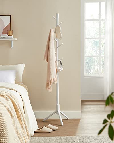 VASAGLE Solid Wood Coat Rack, Free Standing Coat Rack, Tree-Shaped Coat Rack with 8 Hooks, 3 Height Options, for Clothes, Hats, Bags, for Living Room, Bedroom, Home Office, White URCR04WT