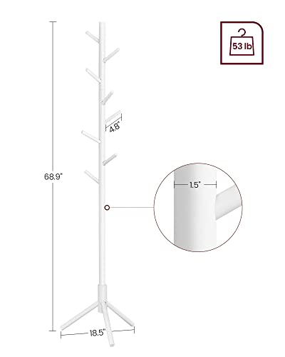 VASAGLE Solid Wood Coat Rack, Free Standing Coat Rack, Tree-Shaped Coat Rack with 8 Hooks, 3 Height Options, for Clothes, Hats, Bags, for Living Room, Bedroom, Home Office, White URCR04WT