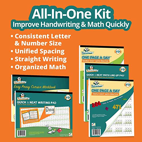 Back to school complete set 5 Pack Channie’s Visual Math, Handwriting, and Cursive Grades 1st – 3rd, Size 8.5” x 11” With FREE Alphabet Card