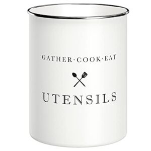 barnyard designs white utensil holder for kitchen countertop, farmhouse metal utensil crock, rustic country decorative kitchen utensil caddy large, 5.5x6.75