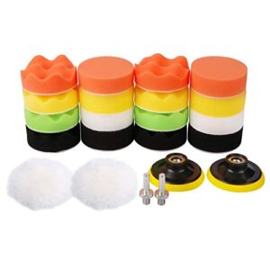 makitoyo 3-inch car foam drill polishing pad kit for car sanding, buffing, polishing, waxing, sealing glaze (18 pads+2 drill adapters+2 suction cups), 22pieces 3-inch buffing pad set