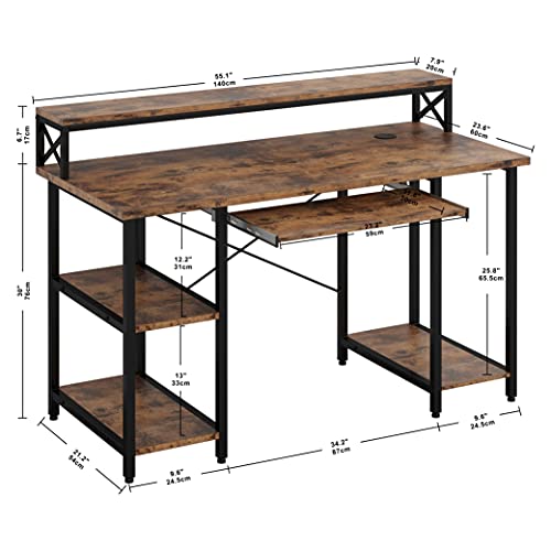 IRONCK Computer Desk 55", Home Office Desk with Keyboard Tray, Monitor Stand, Storage Shelf, Industrial Studying Writing Table, Vintage Brown