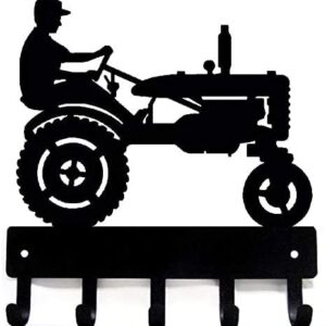 The Metal Peddler Farm Tractor with Farmer Key Rack Holder for Wall - 6 inch Wide - Made in USA; Farmhouse décor, barn Organizer