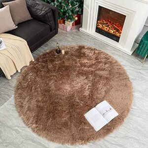 leevan plush sheepskin style throw rug faux fur elegant chic style cozy shaggy round rug floor mat area rugs home decorator super soft carpets kids play rug ( 6 ft-diameter, coffee )