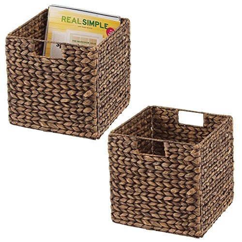 mDesign Natural Woven Hyacinth Cube Bin Basket Organizer with Handles, Storage for Bedroom, Home Office, Bathroom, Shelf and Cubby Organization, Hold Blankets, Magazines, Books, 2 Pack, Brown Wash