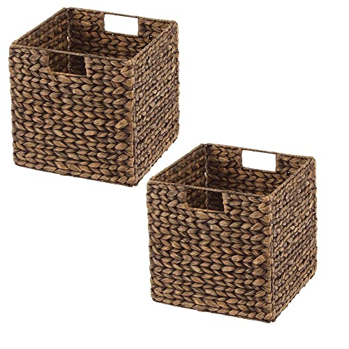 mDesign Natural Woven Hyacinth Cube Bin Basket Organizer with Handles, Storage for Bedroom, Home Office, Bathroom, Shelf and Cubby Organization, Hold Blankets, Magazines, Books, 2 Pack, Brown Wash