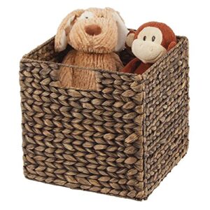 mDesign Natural Woven Hyacinth Cube Bin Basket Organizer with Handles, Storage for Bedroom, Home Office, Bathroom, Shelf and Cubby Organization, Hold Blankets, Magazines, Books, 2 Pack, Brown Wash