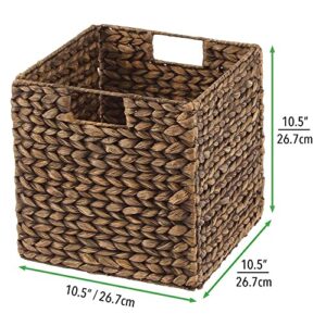 mDesign Natural Woven Hyacinth Cube Bin Basket Organizer with Handles, Storage for Bedroom, Home Office, Bathroom, Shelf and Cubby Organization, Hold Blankets, Magazines, Books, 2 Pack, Brown Wash