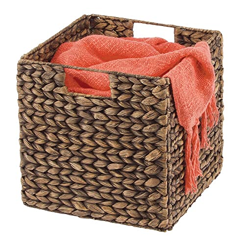 mDesign Natural Woven Hyacinth Cube Bin Basket Organizer with Handles, Storage for Bedroom, Home Office, Bathroom, Shelf and Cubby Organization, Hold Blankets, Magazines, Books, 2 Pack, Brown Wash