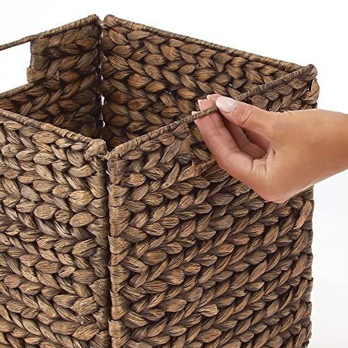 mDesign Natural Woven Hyacinth Cube Bin Basket Organizer with Handles, Storage for Bedroom, Home Office, Bathroom, Shelf and Cubby Organization, Hold Blankets, Magazines, Books, 2 Pack, Brown Wash