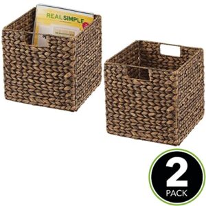 mDesign Natural Woven Hyacinth Cube Bin Basket Organizer with Handles, Storage for Bedroom, Home Office, Bathroom, Shelf and Cubby Organization, Hold Blankets, Magazines, Books, 2 Pack, Brown Wash