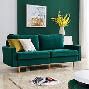 Rhomtree Mid Century Sofa Velvet Fabric Upholster Couch 71” Modern Sectional Futon Bench Loveseat Living Room Sofa with 2 Throw Pillows (Green)