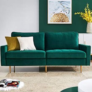 Rhomtree Mid Century Sofa Velvet Fabric Upholster Couch 71” Modern Sectional Futon Bench Loveseat Living Room Sofa with 2 Throw Pillows (Green)