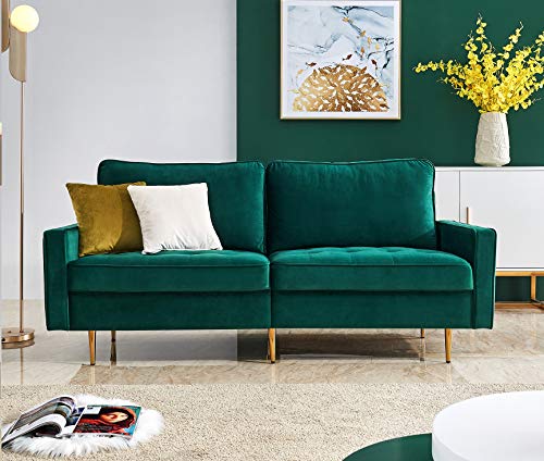 Rhomtree Mid Century Sofa Velvet Fabric Upholster Couch 71” Modern Sectional Futon Bench Loveseat Living Room Sofa with 2 Throw Pillows (Green)