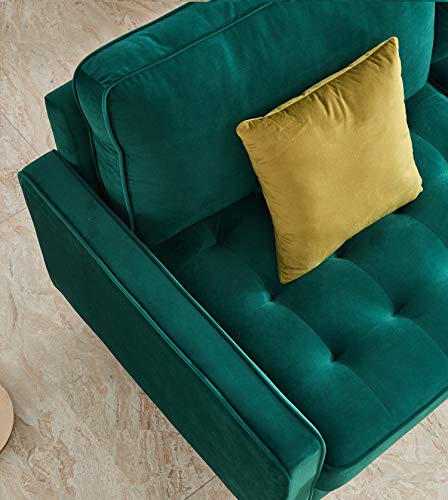 Rhomtree Mid Century Sofa Velvet Fabric Upholster Couch 71” Modern Sectional Futon Bench Loveseat Living Room Sofa with 2 Throw Pillows (Green)