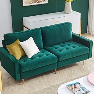 Rhomtree Mid Century Sofa Velvet Fabric Upholster Couch 71” Modern Sectional Futon Bench Loveseat Living Room Sofa with 2 Throw Pillows (Green)